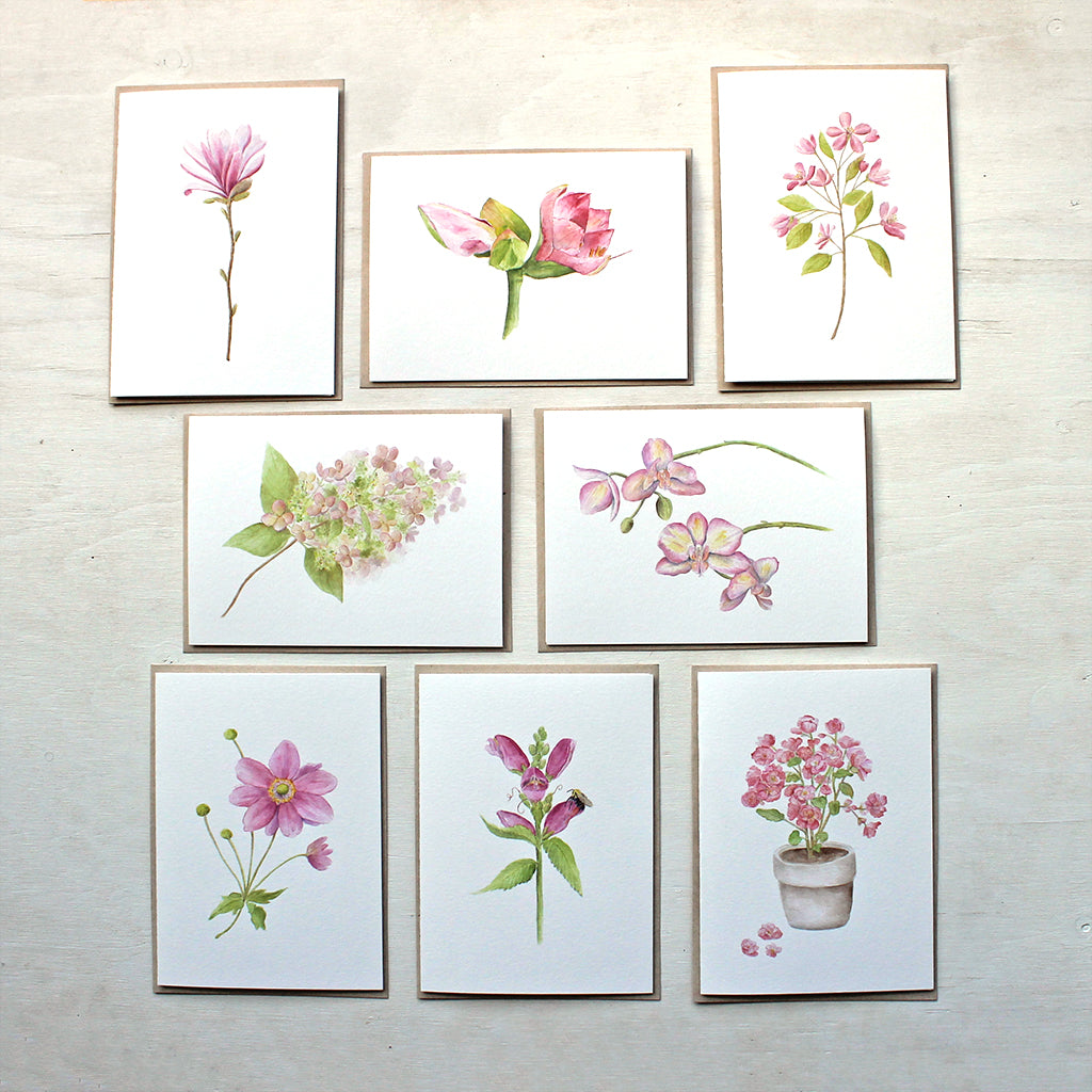 Set of 8 Pink Floral Note Cards – Trowel and Paintbrush
